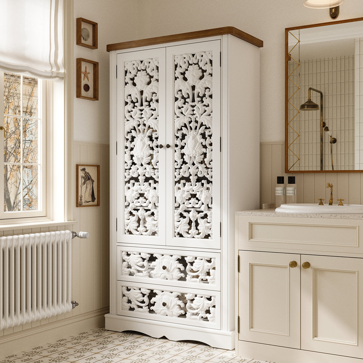 Rebrilliant Elegant Two-Door Bathroom Cabinet With Cutout Panels & Dual Drawers | Wayfair